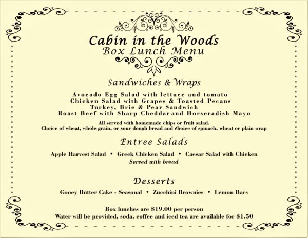 Cabin in the Woods – Box Lunch Menu